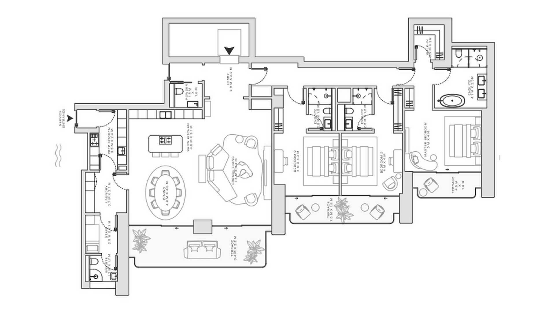 Apartment floor plan «TYPE B», 3 bedrooms, Solaya | Emirates.Estate
